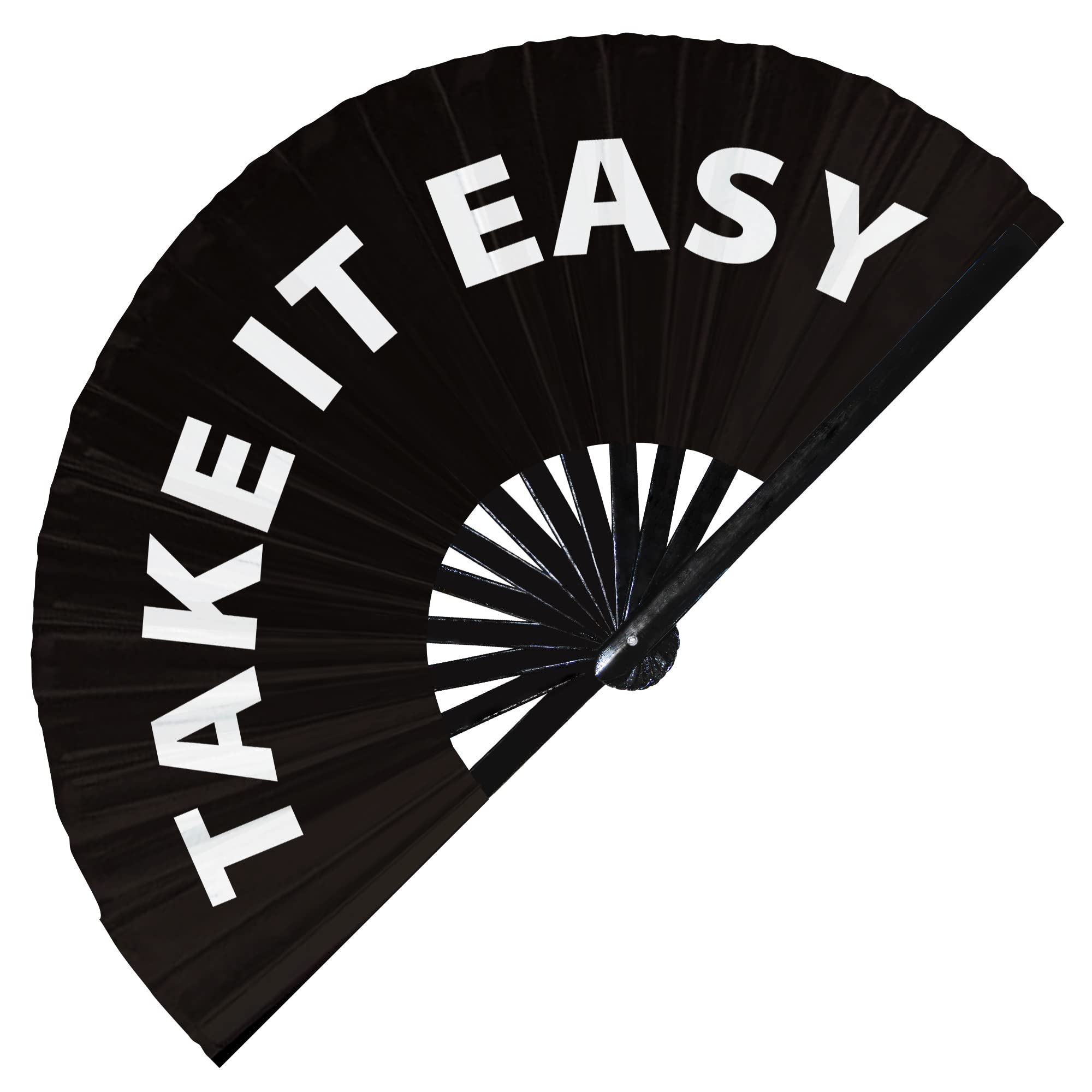 Take It Easy hand fan foldable bamboo circuit hand fan funny gag slang words expressions statement gifts Festival accessories Rave handheld Circuit event fan Clack fans (Black)