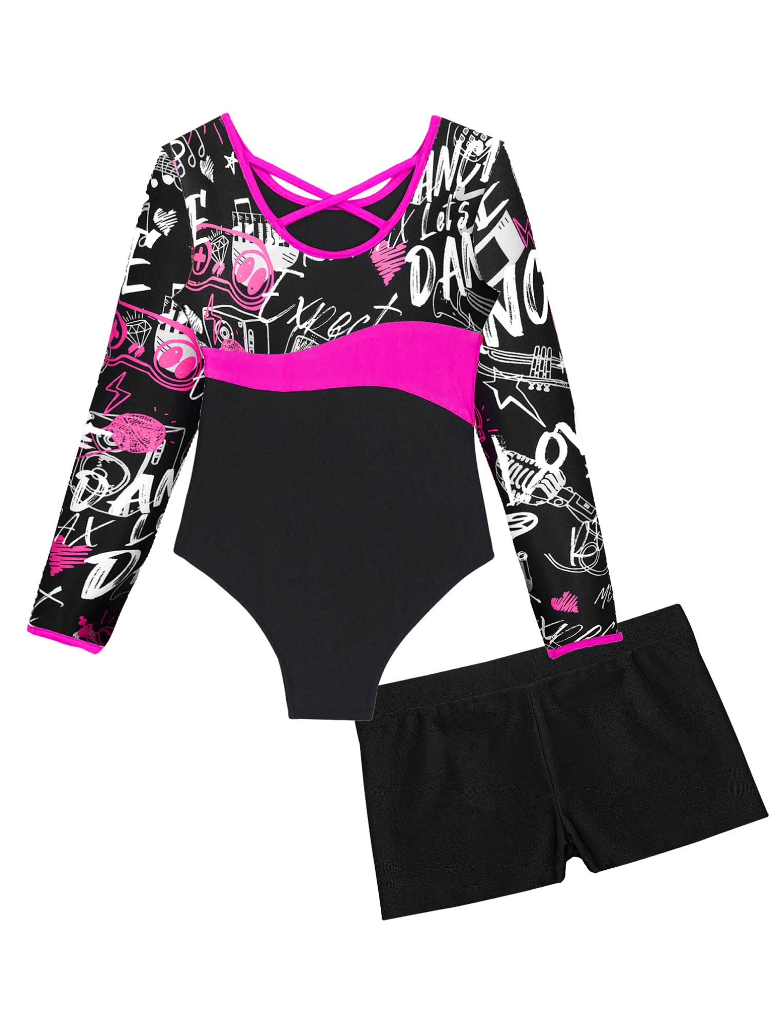 Jhaoyu Kids Girls Ballet Dance Gymnastics Leotards Long Sleeve Printed Bodysuit Unitard with Biketards Shorts Tracksuit Rock Rose 8 Years