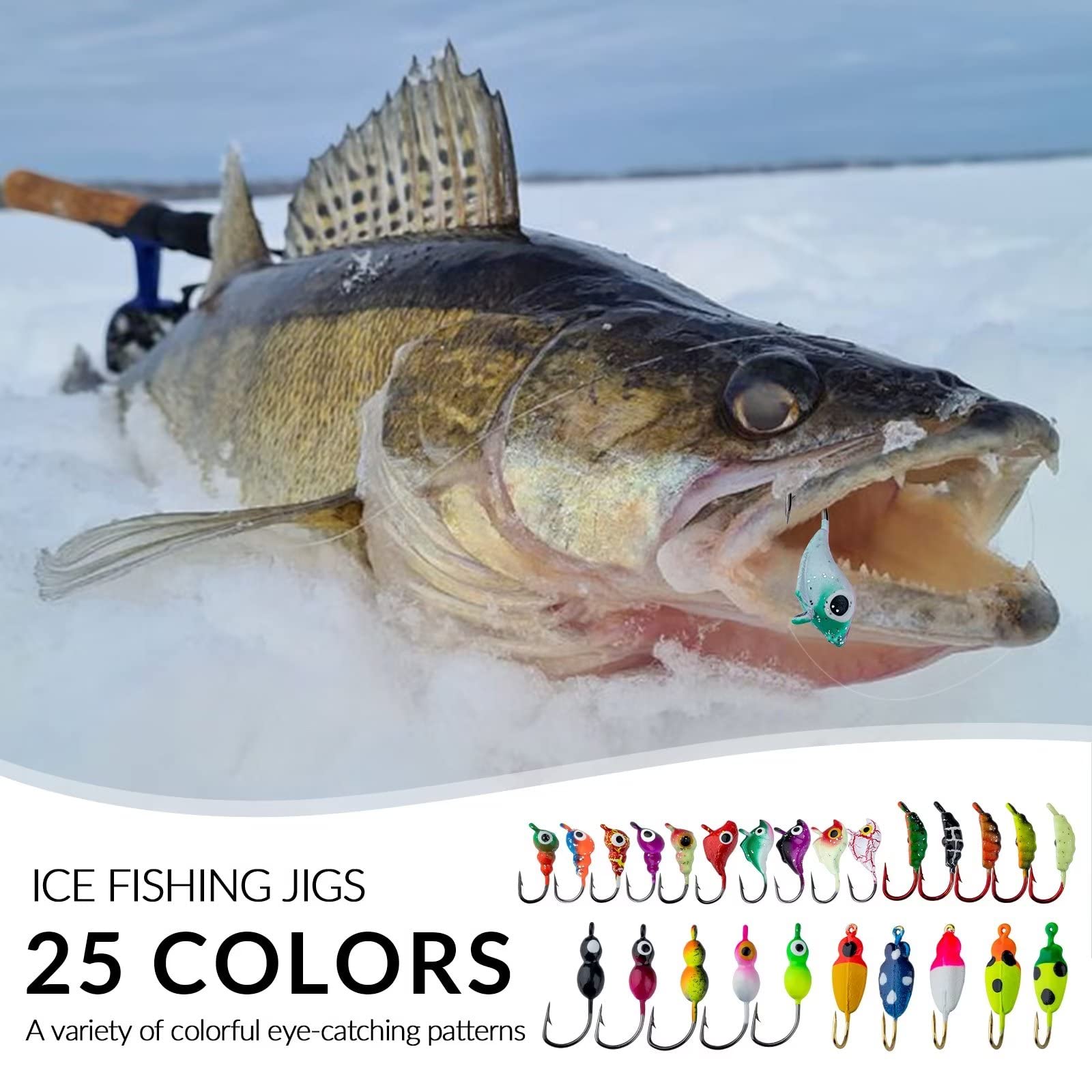 THKFISH Ice Fishing Jigs Lures Kit Ice Fishing Gears for Walleye Perch Jigs Heads for Ice Fishing B-50PCS+18g*4pcs Vertical Jigs Kit