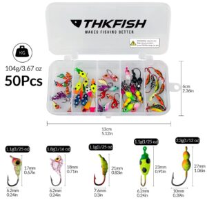 THKFISH Ice Fishing Jigs Lures Kit Ice Fishing Gears for Walleye Perch Jigs Heads for Ice Fishing B-50PCS+18g*4pcs Vertical Jigs Kit