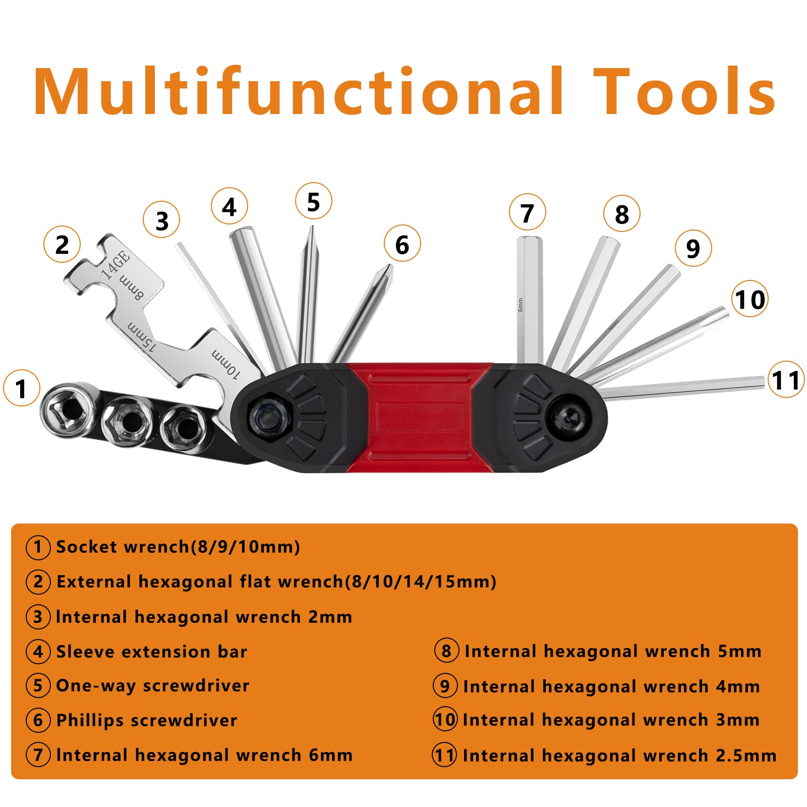 AOFUXTI Bike Tool Kit With Tire Pump - Bike Repair Kit, Portable Bike Chain Tool With Patches, Inflator, Wrench,Tool Kit for Camping Travel, Best Gifts for Men and Women