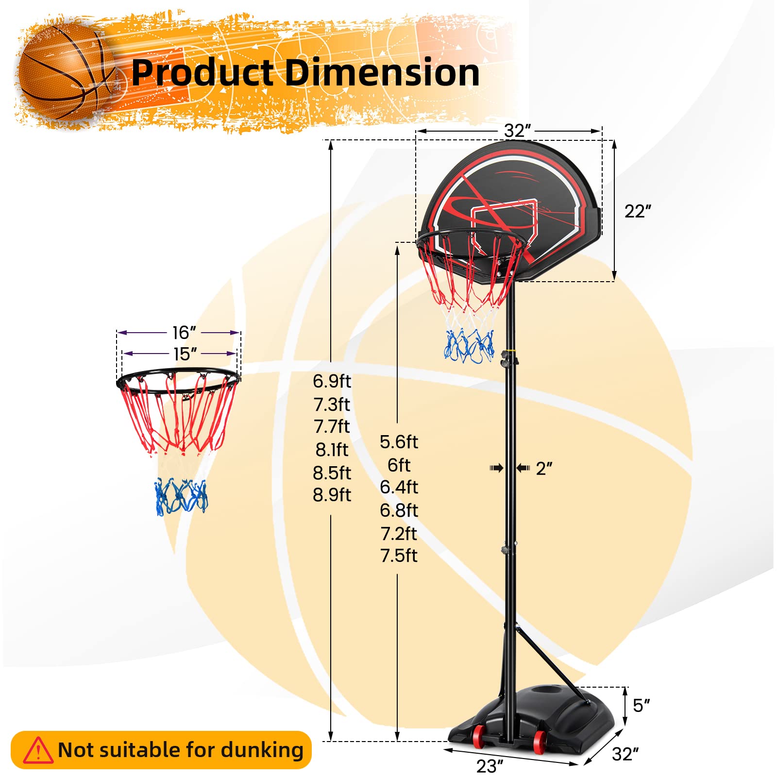 GYMAX Basketball Hoop, Outdoor 5.6-7.5FT Adjustable Basketball Goal with Shatterproof Backboard, Built-in Wheels & Spare Net, Portable Basketball System for Kids Teens Adults Indoor Gym, Driveway