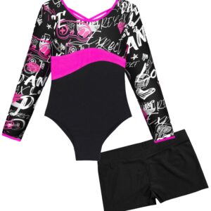 Jhaoyu Kids Girls Ballet Dance Gymnastics Leotards Long Sleeve Printed Bodysuit Unitard with Biketards Shorts Tracksuit Rock Rose 8 Years