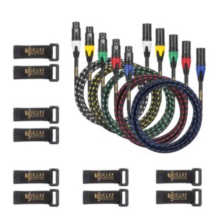 clef audio labs xlr male to xlr female cable - 6ft, 5-pack - black zinc alloy shell with 5-color braided design - professional grade balanced audio cable for studio recording, live performance, more