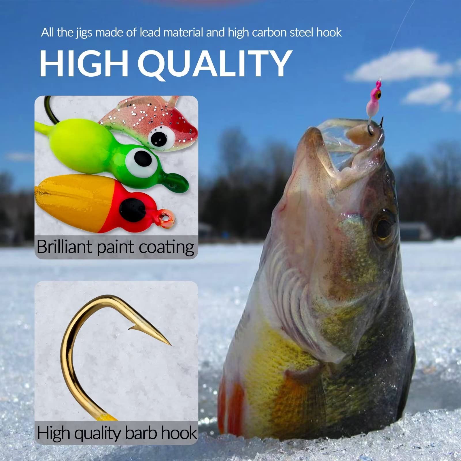 THKFISH Ice Fishing Jigs Lures Kit Ice Fishing Gears for Walleye Perch Jigs Heads for Ice Fishing B-50PCS+18g*4pcs Vertical Jigs Kit