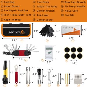 AOFUXTI Bike Tool Kit With Tire Pump - Bike Repair Kit, Portable Bike Chain Tool With Patches, Inflator, Wrench,Tool Kit for Camping Travel, Best Gifts for Men and Women