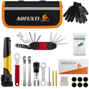 aofuxti bike tool kit with tire pump - bike repair kit, portable bike chain tool with patches, inflator, wrench,tool kit for camping travel, best gifts for men and women