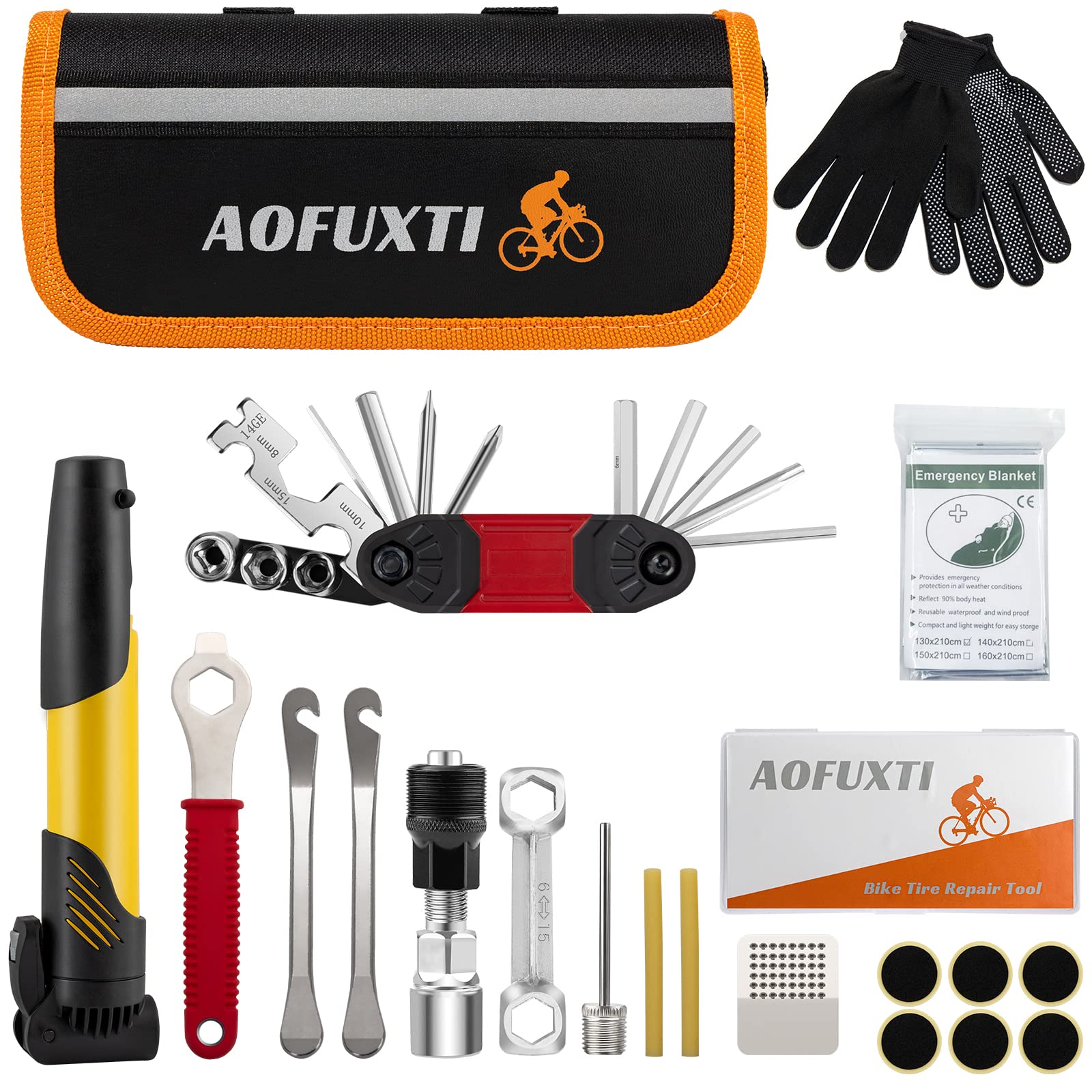 AOFUXTI Bike Tool Kit With Tire Pump - Bike Repair Kit, Portable Bike Chain Tool With Patches, Inflator, Wrench,Tool Kit for Camping Travel, Best Gifts for Men and Women