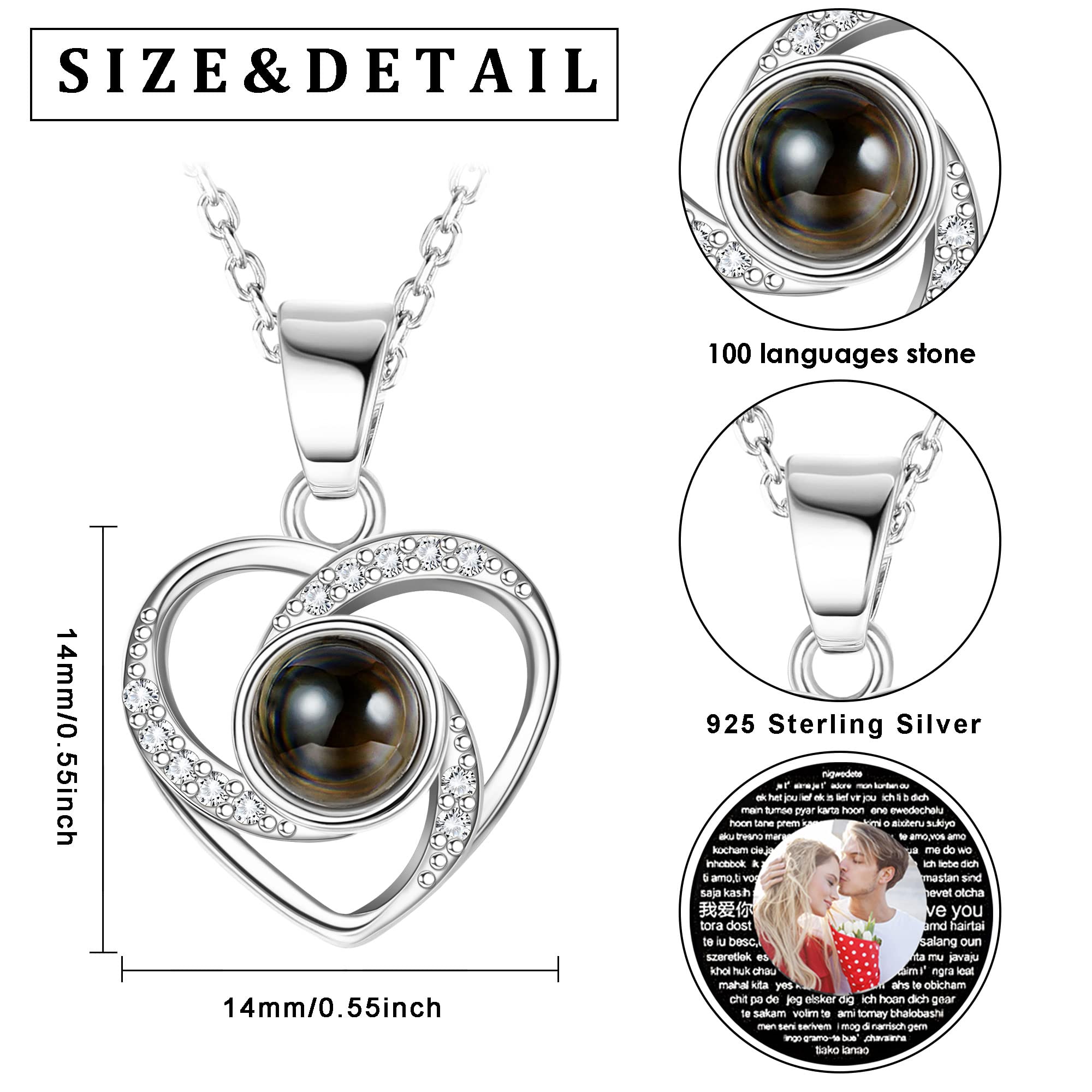 Jewenova 925 Sterling Silver Photo Projective Necklace, Custom I Love You Necklace 100 Languages Heart Photo Necklace, Personalized Gift for Women