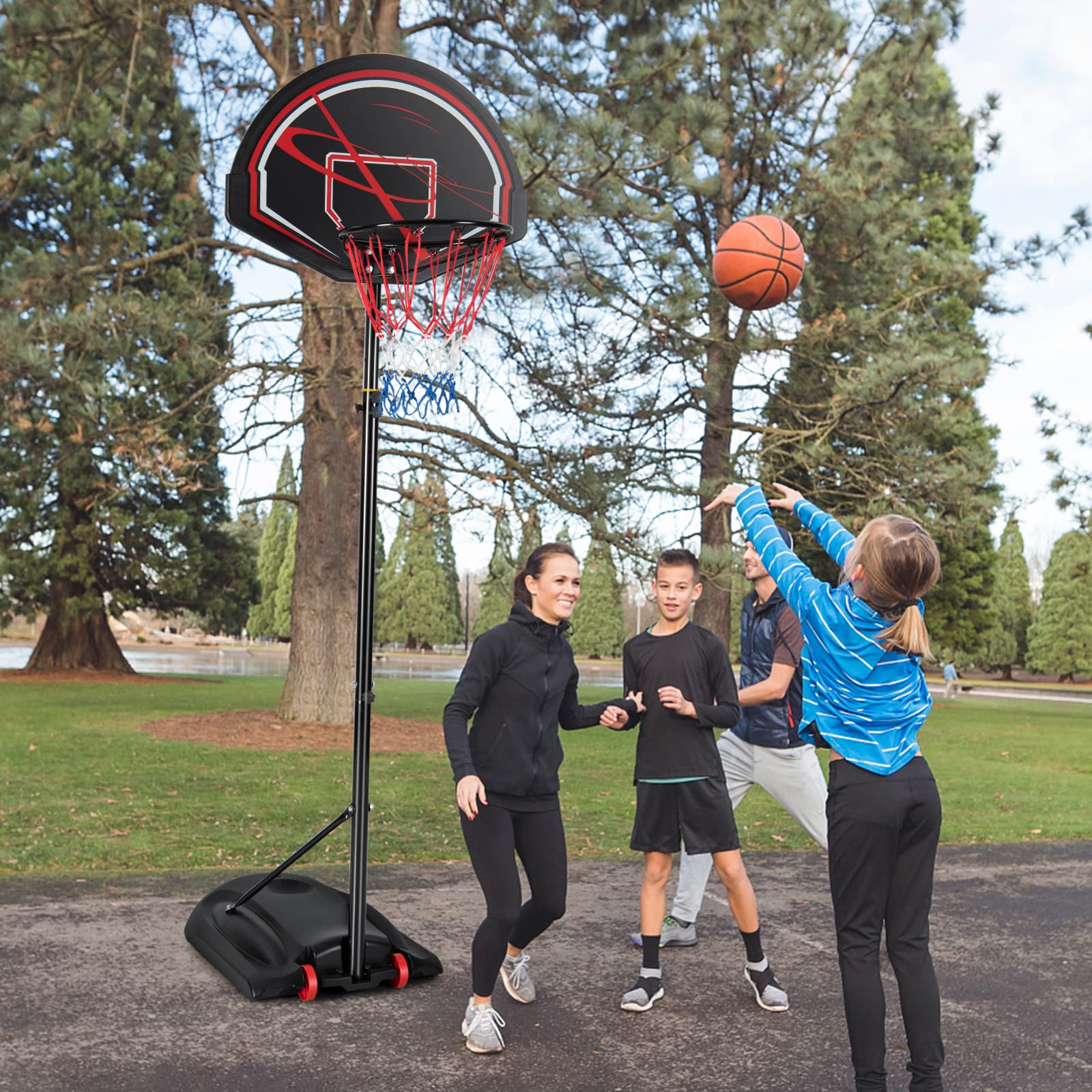 GYMAX Basketball Hoop, Outdoor 5.6-7.5FT Adjustable Basketball Goal with Shatterproof Backboard, Built-in Wheels & Spare Net, Portable Basketball System for Kids Teens Adults Indoor Gym, Driveway