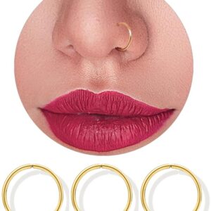 14K Gold Nose Rings Hoops for Women 22 Gauge, Small Thin Nose Piercing Jewelry (Gold, 3pcs 8mm 22g)