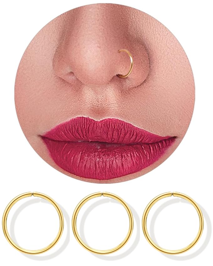 14K Gold Nose Rings Hoops for Women 22 Gauge, Small Thin Nose Piercing Jewelry (Gold, 3pcs 8mm 22g)