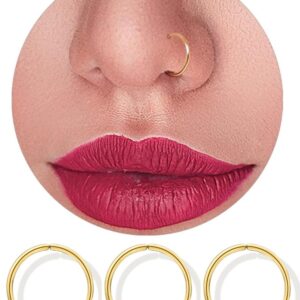 14K Gold Nose Rings Hoops for Women 22 Gauge, Small Thin Nose Piercing Jewelry (Gold, 3pcs 8mm 22g)