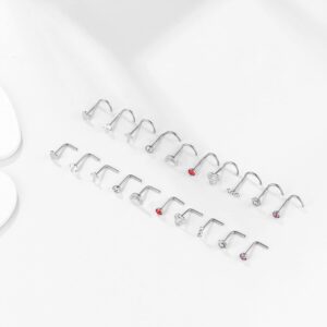 Yjbglrygf nose rings studs L shaped Nose Screw Studs 20 pcs Nose Rings Piercing Jewelry Nose Studs for Women Nostril Piercing Jewelry (20G-7mm, A-silver)