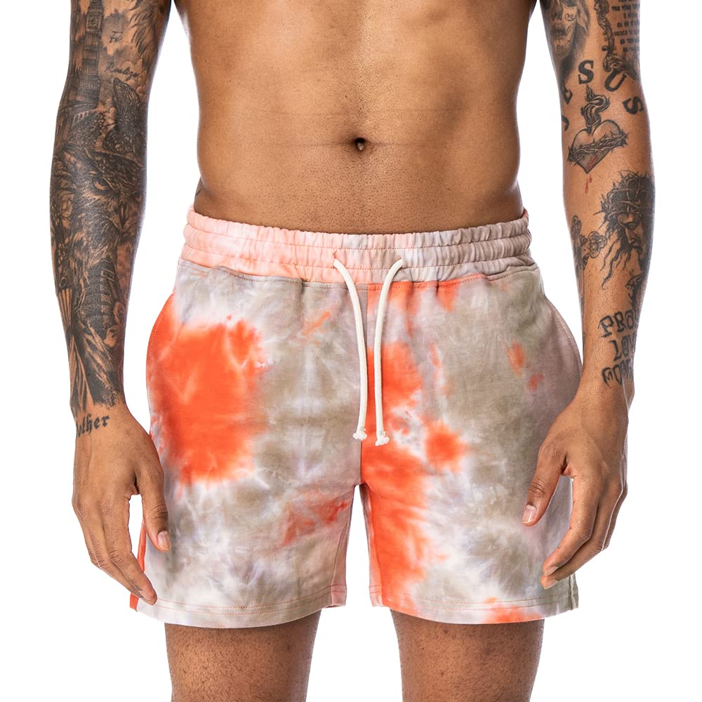 AIMPACT Men's Tie Dye Shorts Bodybuilding Workout Cotton Gym Shorts with Pockets(OrangeGrayS)