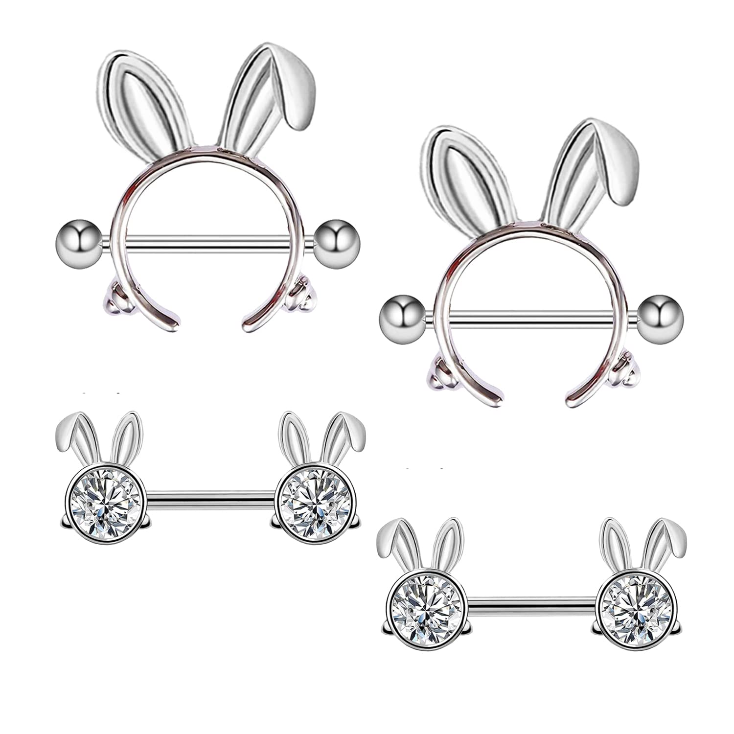 FLOGWE 14G 316L Cute Rabbit Nipple Rings Stainless Steel Easter Bunny Nipple Barbell Rings Piercing Jewelry for Women……