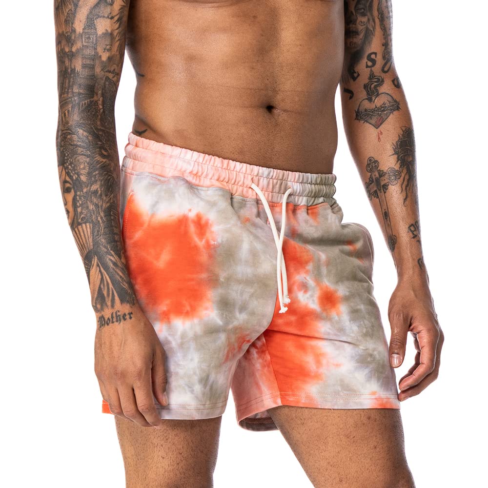 AIMPACT Men's Tie Dye Shorts Bodybuilding Workout Cotton Gym Shorts with Pockets(OrangeGrayS)