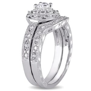 1/3 Carat (ctw) Lab-Created White Sapphire Bridal Engagement Ring and Wedding Band Set with Diamonds in Sterling Silver