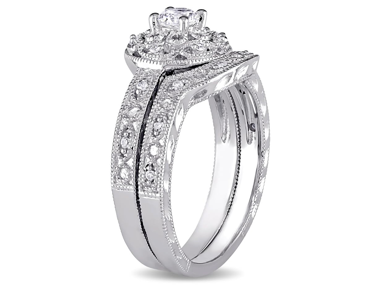 1/3 Carat (ctw) Lab-Created White Sapphire Bridal Engagement Ring and Wedding Band Set with Diamonds in Sterling Silver