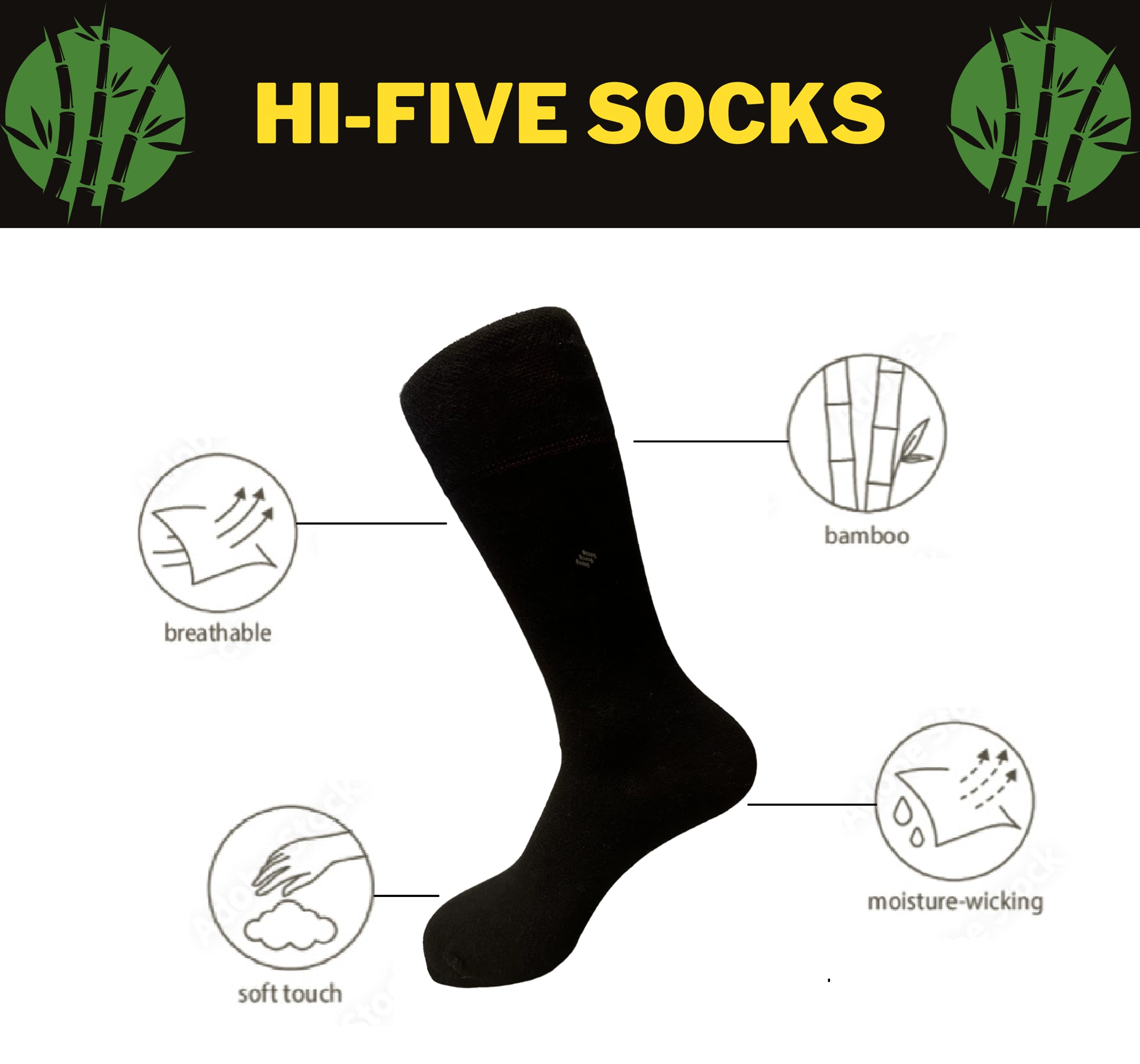 Bamboo Dress Socks Crew Socks Mens Womens Black Color Soft Durable Moisture Wicking Seamless Toe 3 Pairs