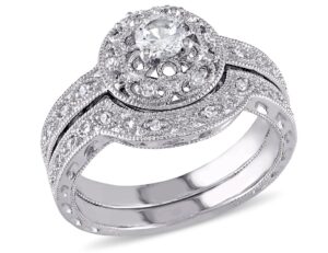 1/3 carat (ctw) lab-created white sapphire bridal engagement ring and wedding band set with diamonds in sterling silver