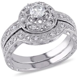 1/3 Carat (ctw) Lab-Created White Sapphire Bridal Engagement Ring and Wedding Band Set with Diamonds in Sterling Silver