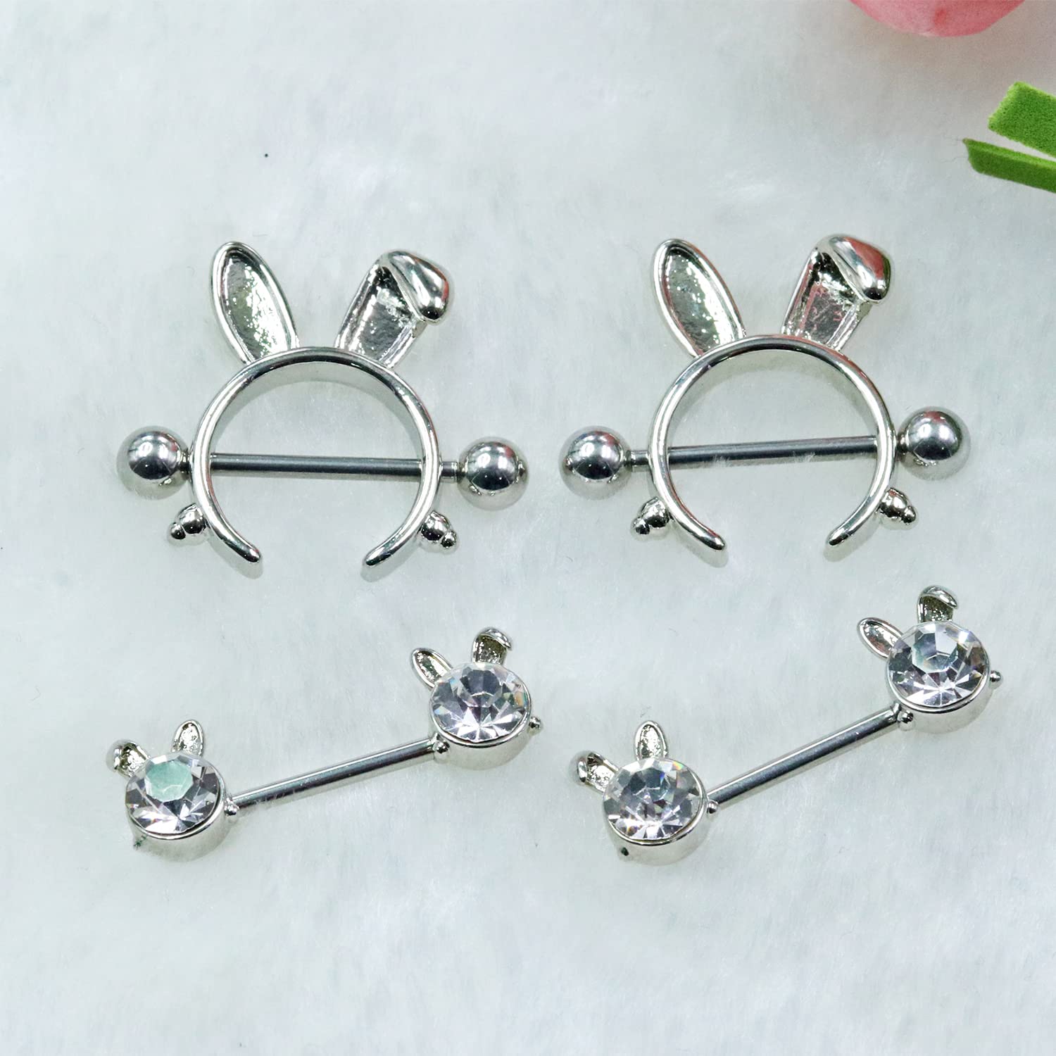 FLOGWE 14G 316L Cute Rabbit Nipple Rings Stainless Steel Easter Bunny Nipple Barbell Rings Piercing Jewelry for Women……