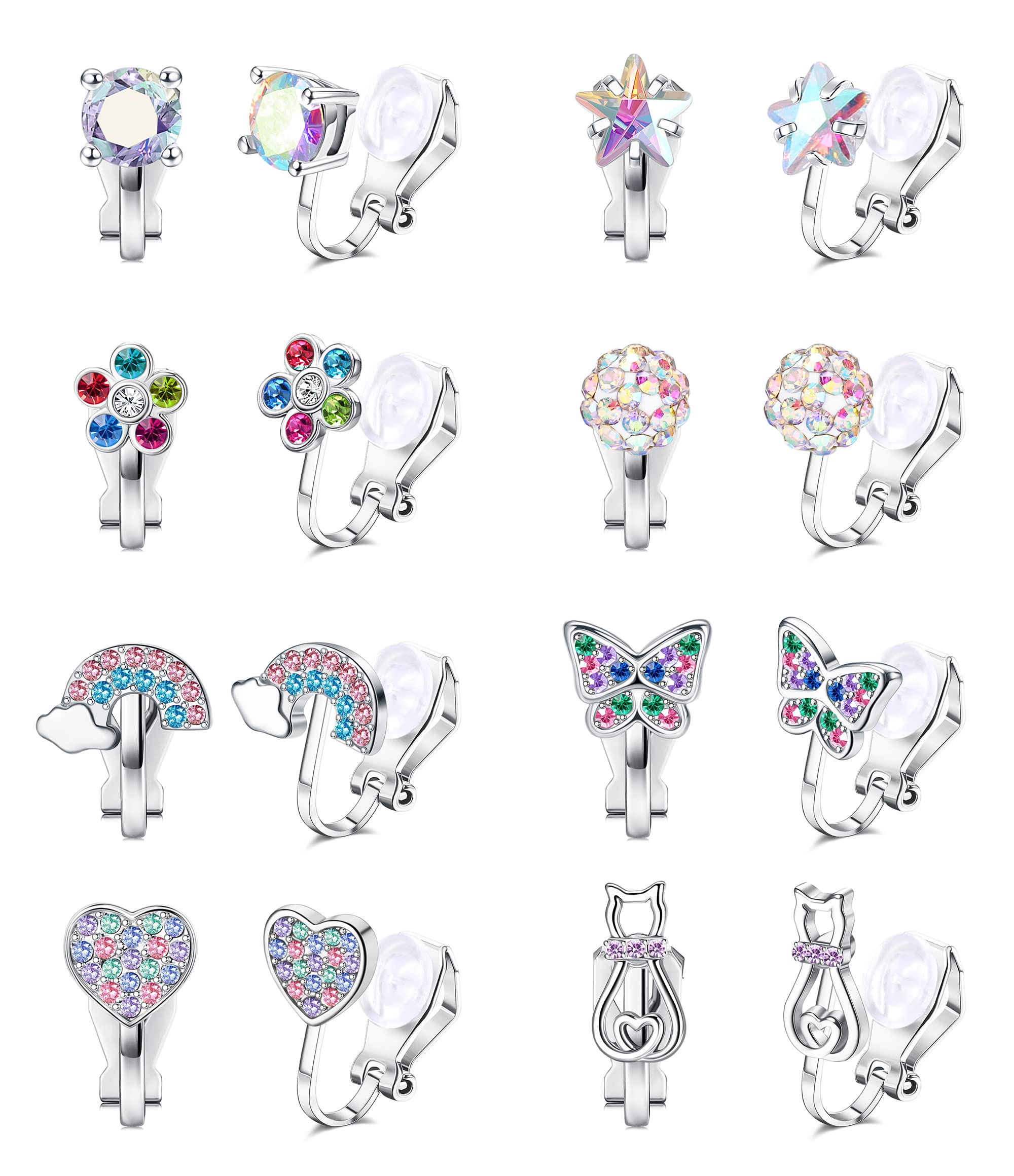 JeryWe 8 Pairs Clip on Earrings for Women Cubic Zirconia Pearl Heart Flower Rainbow Cat Butterfly Turtle Non Pierced Earrings Hypoallergenic Clip Earrings Set