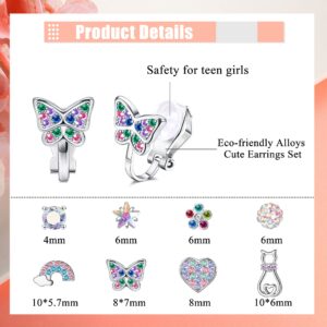 JeryWe 8 Pairs Clip on Earrings for Women Cubic Zirconia Pearl Heart Flower Rainbow Cat Butterfly Turtle Non Pierced Earrings Hypoallergenic Clip Earrings Set