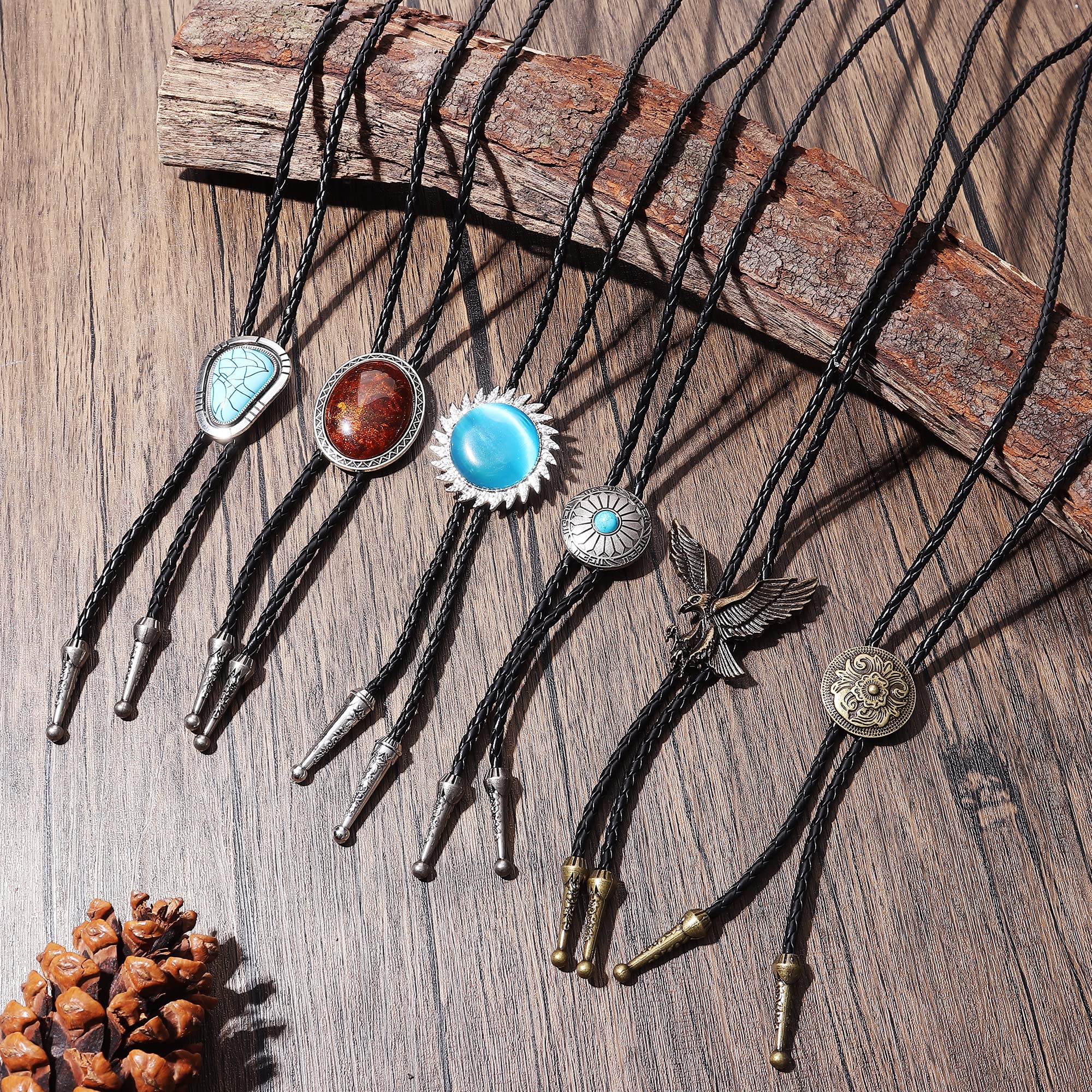 Subiceto 6Pcs Bolo Tie for Men Women Western Cowboy Natural Turquoise Tiger Eye Stone Handmade Shape Round Leather Necktie Vintage Native American Bola Tie Set Eagle