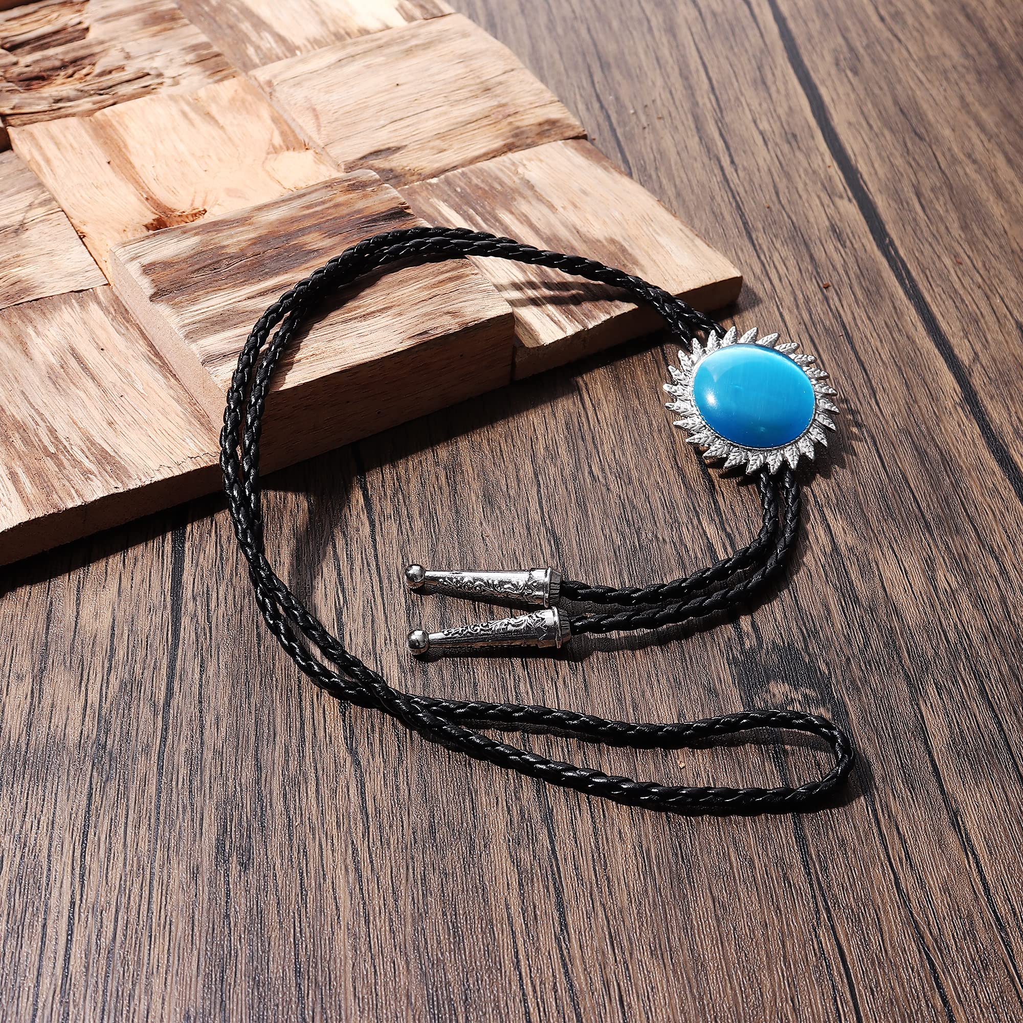 Subiceto 6Pcs Bolo Tie for Men Women Western Cowboy Natural Turquoise Tiger Eye Stone Handmade Shape Round Leather Necktie Vintage Native American Bola Tie Set Eagle