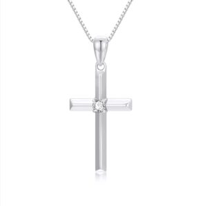 sisgem 14k white gold diamond cross necklace for women, real gold box chain with cross pendant, religious jewelry gifts for her, (0.05ct) 18 inch