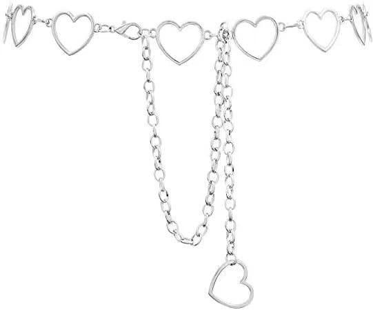 Metal Waist Chain Women Girls - Silver Long Tassel Love Hearts Pendant Adjustable Body Link Belts Body Belly Jewelry for Jeans Dresses