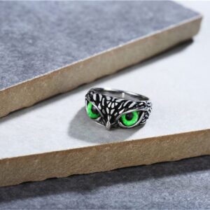 ANIEJUFI Stainless Steel Demon Eye Owl Ring Retro Animal Statement Rings for Women Men Jewelry Gift Silver Green Eyes Size 13