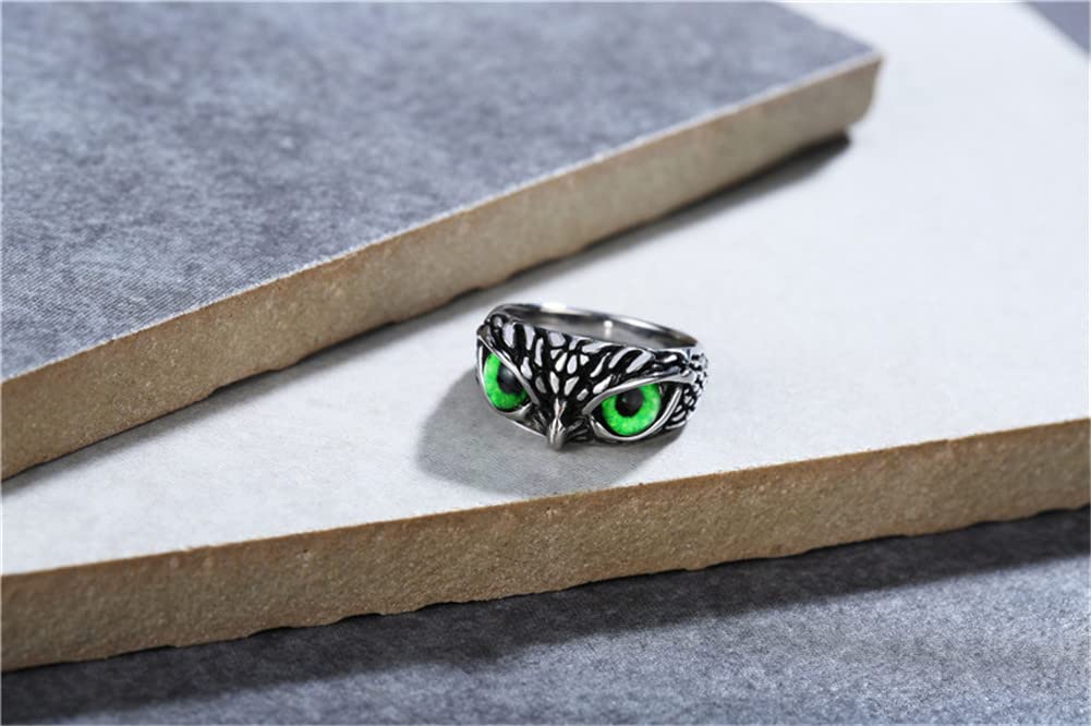 ANIEJUFI Stainless Steel Demon Eye Owl Ring Retro Animal Statement Rings for Women Men Jewelry Gift Silver Green Eyes Size 13