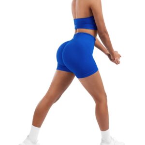 SUUKSESS Women Two Piece Seamless Ribbed Workout Sets Outfits Backless Halter Sports Bra Booty Biker Shorts (Royal Blue, M)