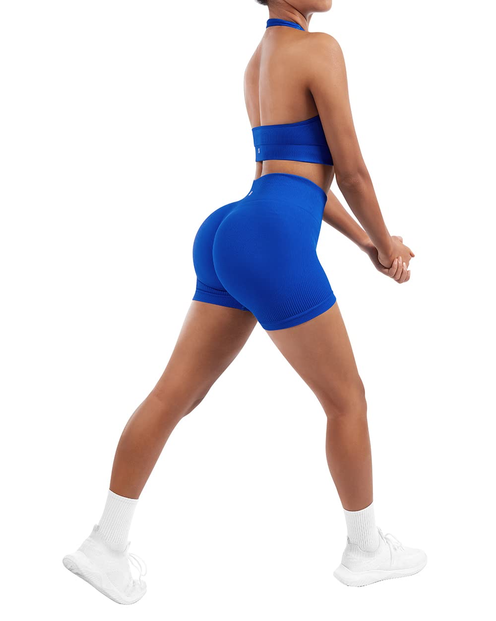 SUUKSESS Women Two Piece Seamless Ribbed Workout Sets Outfits Backless Halter Sports Bra Booty Biker Shorts (Royal Blue, M)