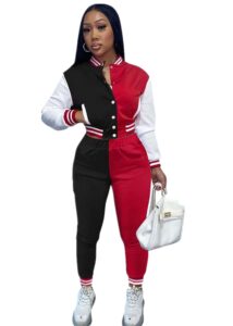 anicecut sweatsuits for women set 2 piece long sleeve patchwork button down varsity jacket sweatpant workout tracksuit black red xl