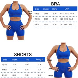 SUUKSESS Women Two Piece Seamless Ribbed Workout Sets Outfits Backless Halter Sports Bra Booty Biker Shorts (Royal Blue, M)