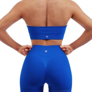 SUUKSESS Women Two Piece Seamless Ribbed Workout Sets Outfits Backless Halter Sports Bra Booty Biker Shorts (Royal Blue, M)