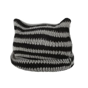 beanie for women knit crochet hat with cat ears striped winter cap grunge accessories slouchy hat for women (black grey)