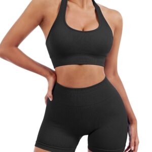 SUUKSESS Women Two Piece Seamless Ribbed Workout Sets Outfits Backless Halter Sports Bra Booty Biker Shorts (Black, M)