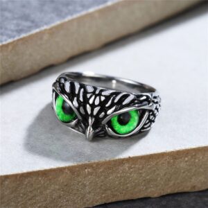 ANIEJUFI Stainless Steel Demon Eye Owl Ring Retro Animal Statement Rings for Women Men Jewelry Gift Silver Green Eyes Size 13