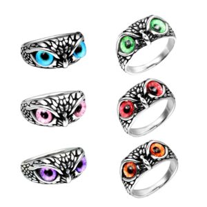 ANIEJUFI Stainless Steel Demon Eye Owl Ring Retro Animal Statement Rings for Women Men Jewelry Gift Silver Green Eyes Size 13