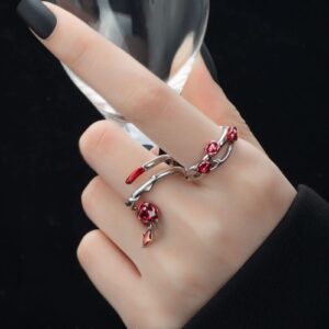 Yumikoo Red Rose Ring Set Adjustable Enamel Copper Stacking Rings 2Pcs for Women