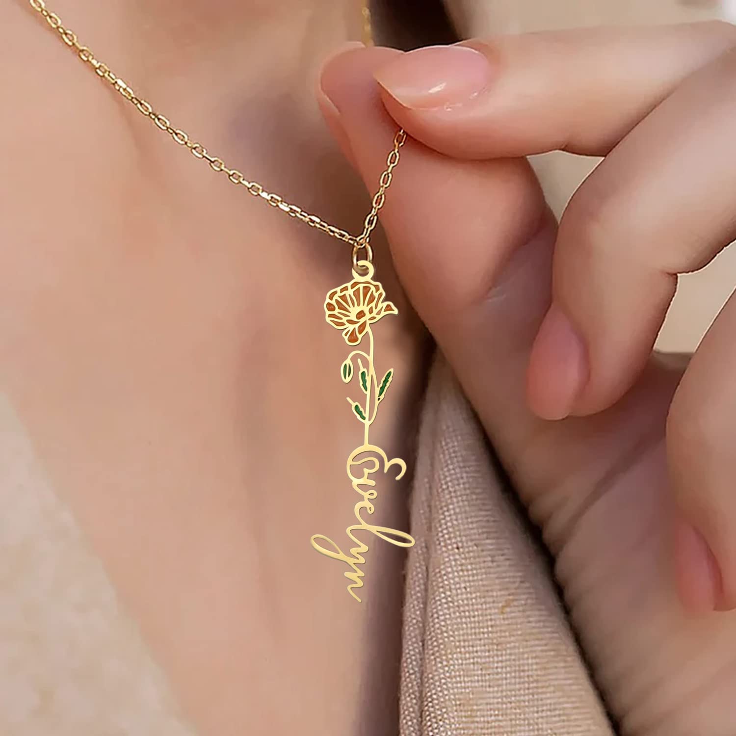 Malihome Custom Colorful Birth Flower Name Necklace,18K Gold Plated Personalized Women Jewelry,Bridesmaid Gifts For Mother Christmas Birthday (Design-1)