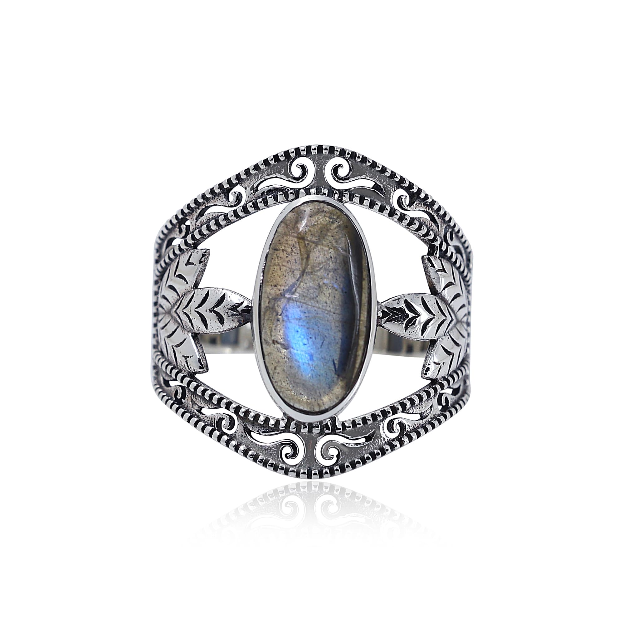 Silver Eternity 6x12 mm Labradorite Designer Ring Gemstone Jewelry (7)