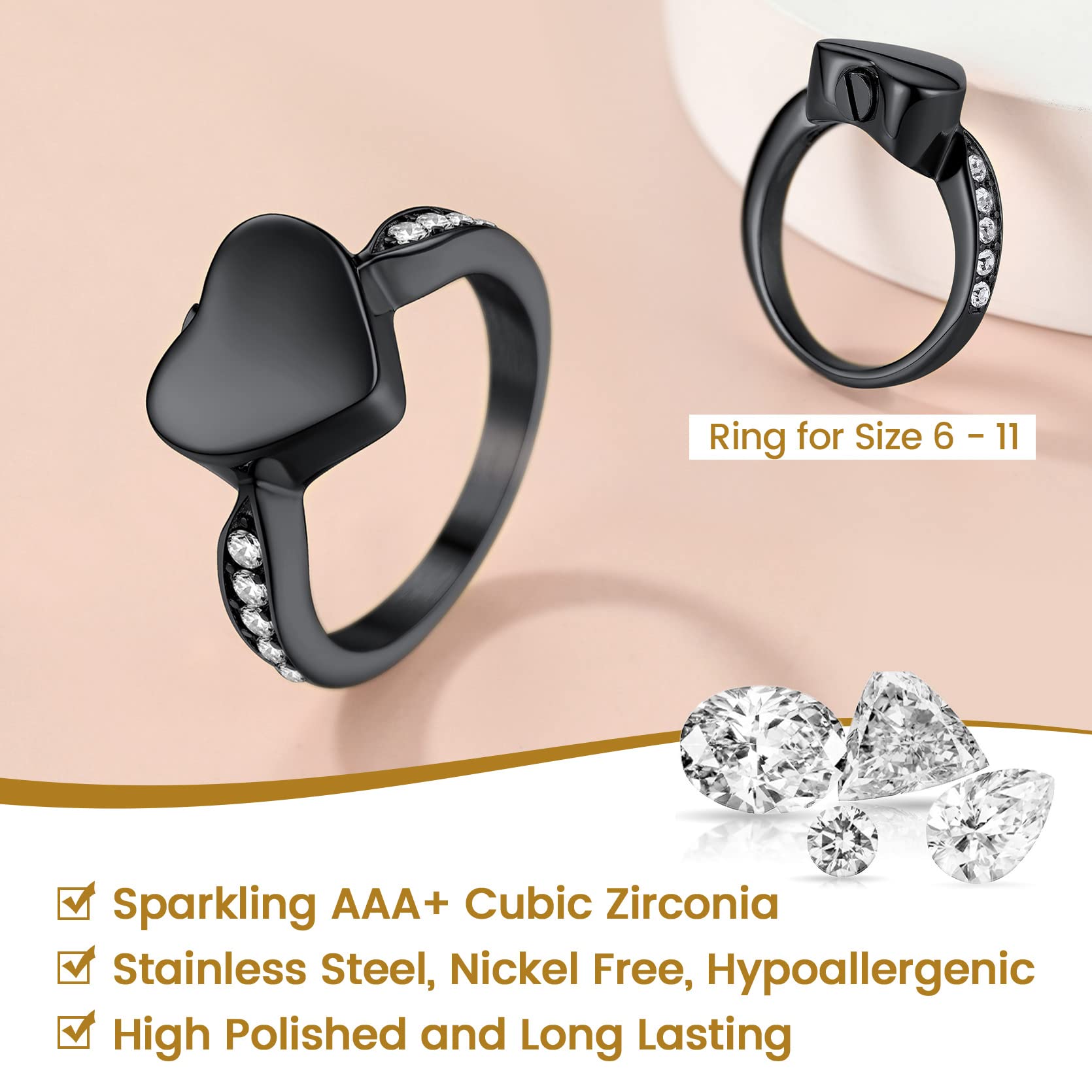 KeyStyle Heart Cremation Urn Rings For Women, Stainless Steel Heart Memorial Ring Size 8