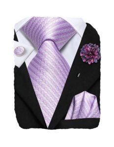 hi-tie men's wedding tie set and pocket square jacquard woven silk necktie cufflinks with lapel pin for party prom,lavender