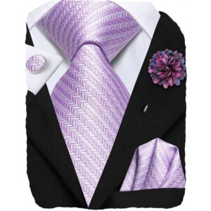 Hi-Tie Men's Wedding Tie Set And Pocket Square Jacquard Woven Silk Necktie Cufflinks With Lapel Pin For Party Prom,Lavender